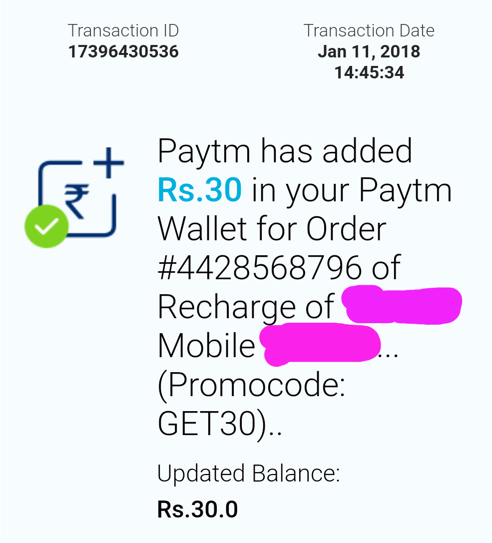 Paytm – Screenshot of Rs 30 Cashback On Recharge